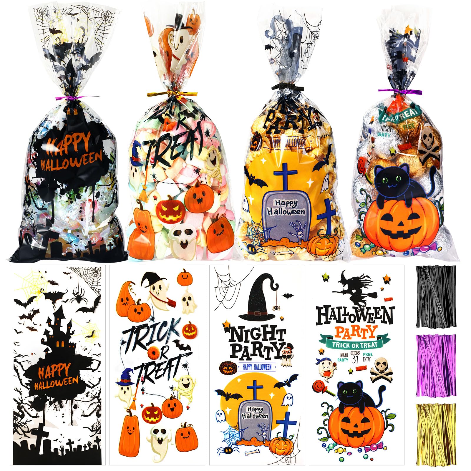 JULBEAR Halloween Cellophane Bags,180Pcs Halloween Treat Bags with 200Pcs Twist Ties, Halloween Goodie Candy Bags for Halloween Party Supplies