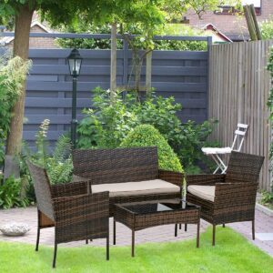 Patio Furniture 4 Pieces Outdoor Indoor Use Rattan Chairs Wicker Conversation Sets for Backyard Lawn Porch Garden Balcony,Brown