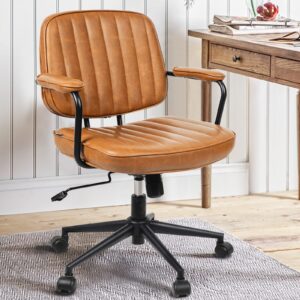 Artswish Brown Leather Desk Chair, Mid Century Office Chair, Criss Cross Chair with Wheels and Arm, Swivel Desk Chair with Adjustable Height and Backrest, Rolling Chair for Home Office, for Adult