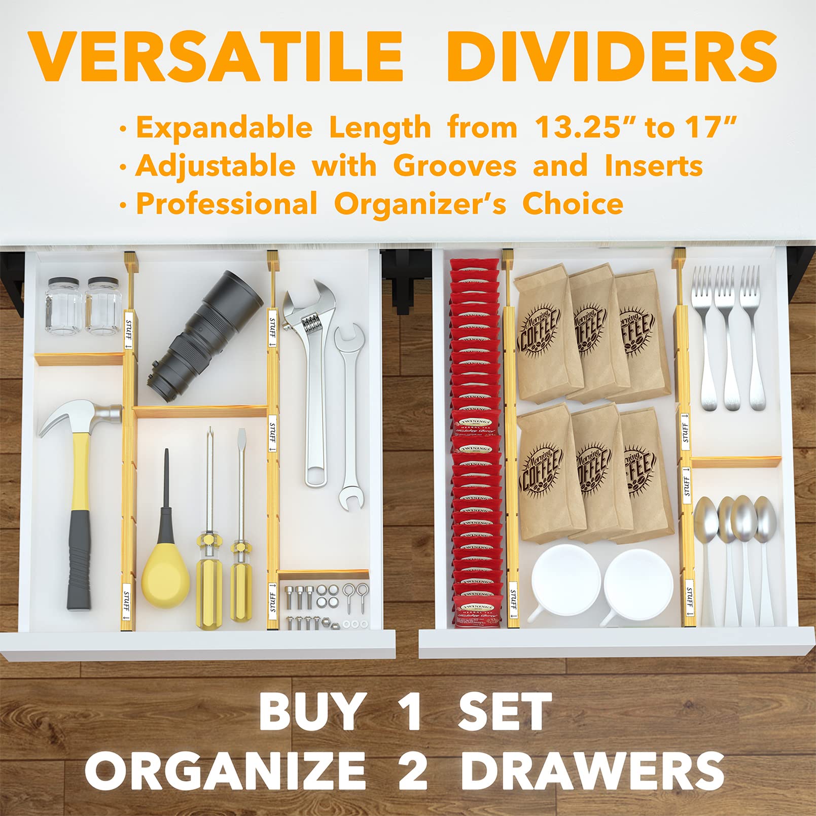 SpaceAid Bamboo Drawer Dividers with Inserts and Labels, Kitchen Adjustable Drawer Organizers, Expandable Organization for Home, Office, Dressers, 4 Dividers with 9 Inserts (13.25-17 in)