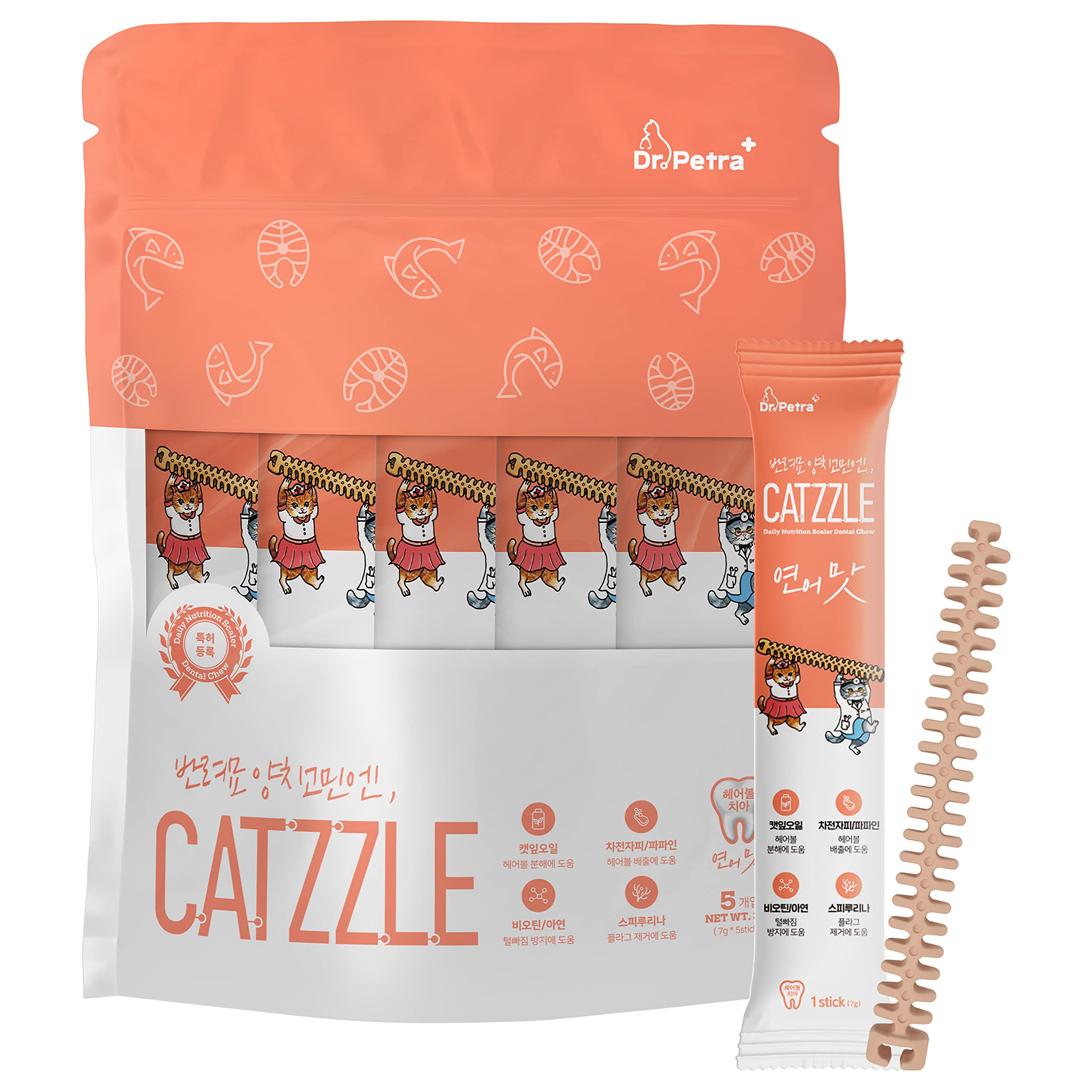 DR.PETRA CATZZLE Cat Treats, Dental Chews for Indoor Cats, Cat Teeth Cleaning, Dental Care Snacks - Hairball Control (Salmon Flavor) (5 Sticks (Pack of 1))