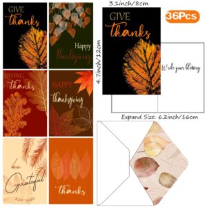 36 Pcs Thanksgiving Greeting Cards Assorted Style Fall Thank You Cards Holiday Maple Leaves Thank You Notes with 36 Envelopes for Business Personal Thanksgiving Christmas Gift (3.1 x 4.7 Inch Folded)