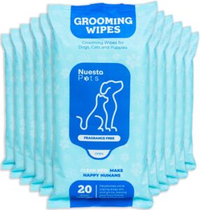 nuesta pets xl hypoallergenic pet wipes - deodorizing no bath cleaning for dogs & puppy grooming | ear, face, butt, paw wet wipe | enriched w/aloe, chamomile, oat amino ac (12 packs of 20)