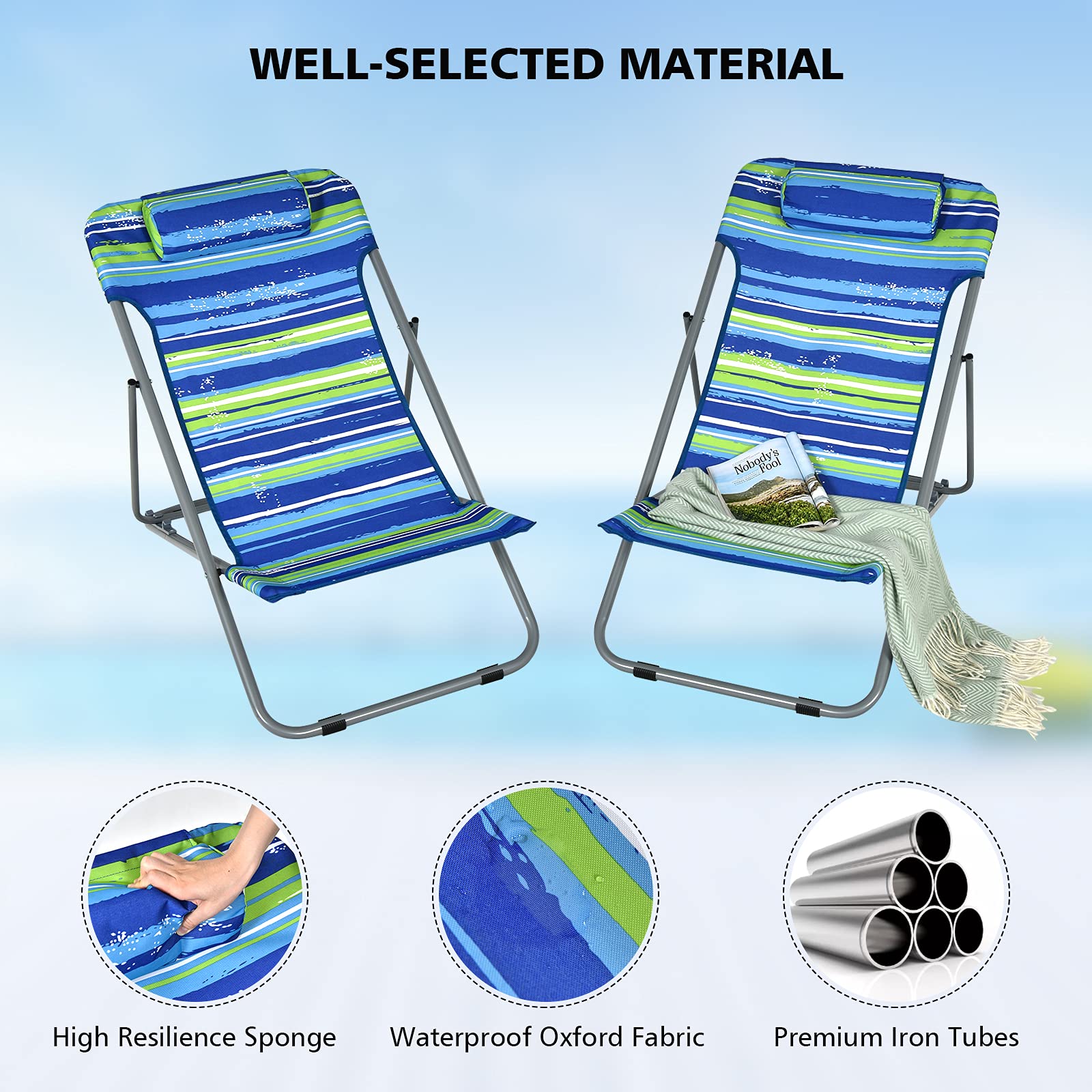 Goplus Beach Sling Chair for Adults, 2 Pcs Portable Folding Camping Chair W/ 3-Position Adjustable Backrest & Comfy Headrest, Outdoor Heavy Duty Lounge (Stripe)