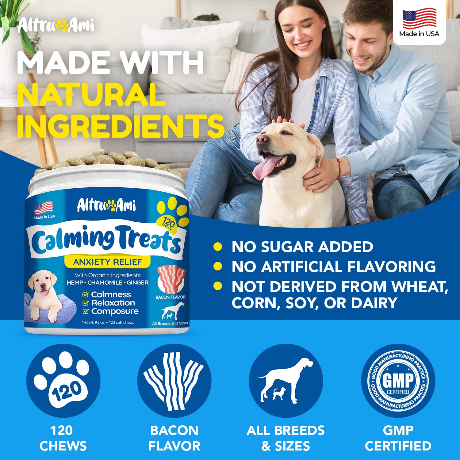 Altru-Ami Calming Chews for Dogs - 120 Hemp Dog Calming Treats for Dog Anxiety Relief - Helps with Separation Anxiety, Travel Stress, Barking, Fireworks & Thunderstorms - Made in USA