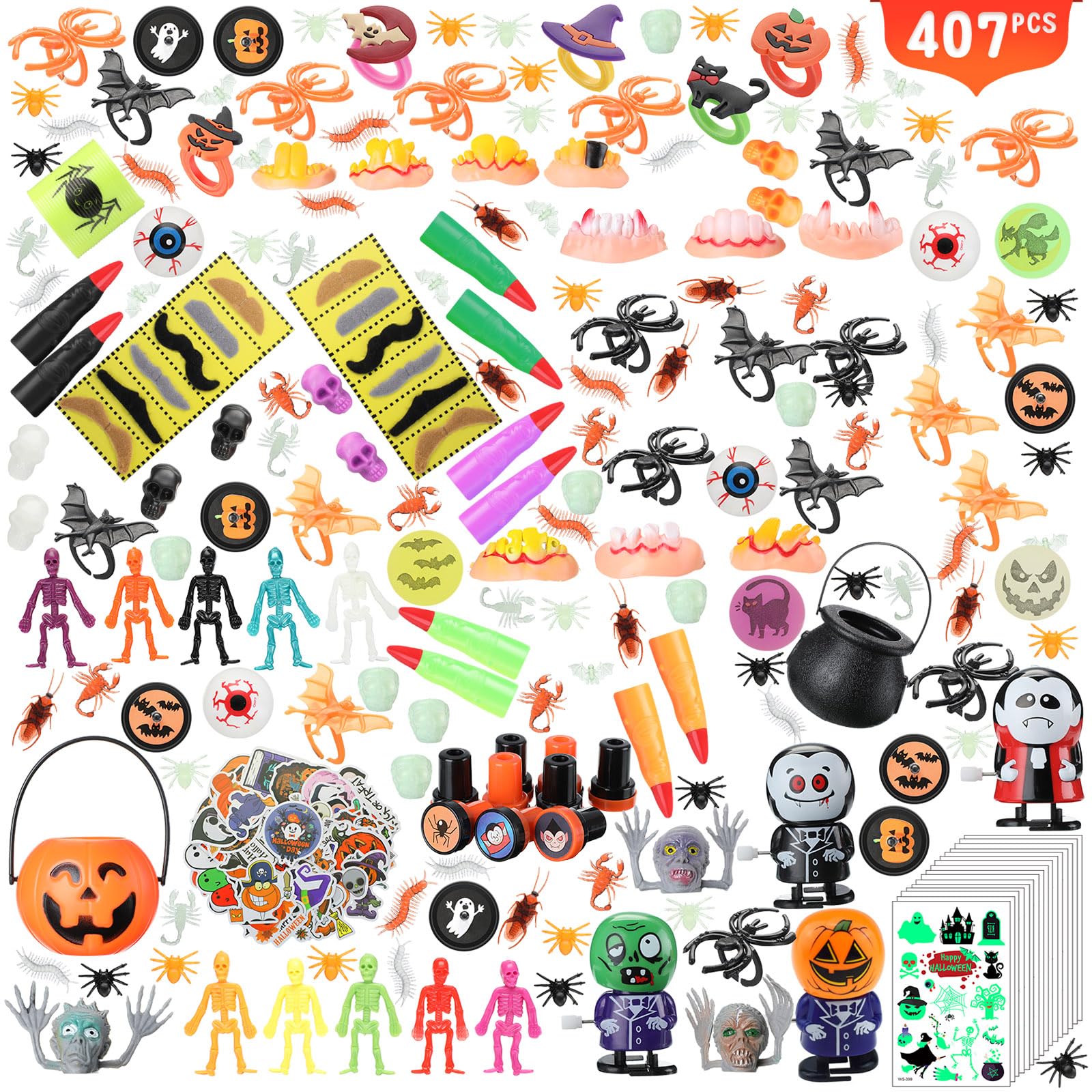 407 Pieces Halloween Toys Bulk Assortment for Halloween Party Favors Halloween Prizes for Halloween Trick or Treat Toys Trinkets Goodie Bag Fillers Halloween Pinata Stuffers, 28 Styles