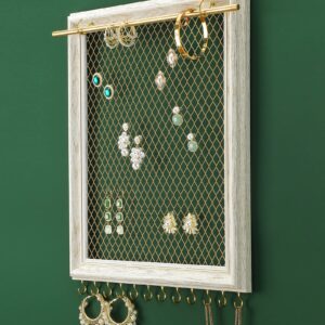 Heesch Hanging Earring Organizer Frame Wall Mounted Jewelry Holder Vintage Rustic Stud Earring Display with Removable Rod and 12 Hooks for Necklaces, Bracelets and Rings (Distressed White)