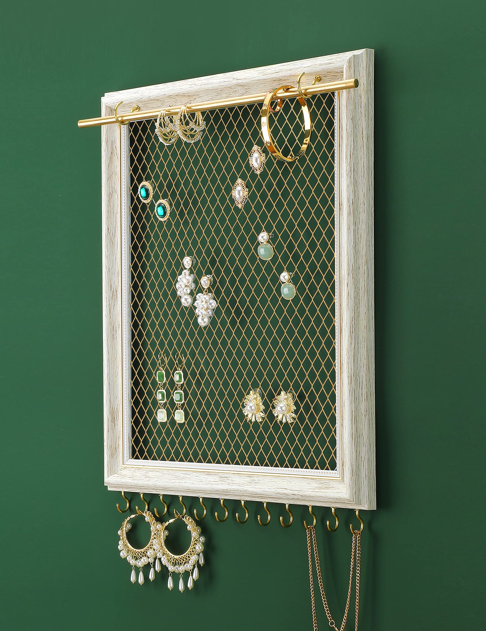 Heesch Hanging Earring Organizer Frame Wall Mounted Jewelry Holder Vintage Rustic Stud Earring Display with Removable Rod and 12 Hooks for Necklaces, Bracelets and Rings (Distressed White)