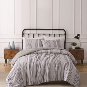 Truly Soft Everyday - King 3 Piece Duvet + Sham Set - Keil Stripe Flannel Collection - Grey