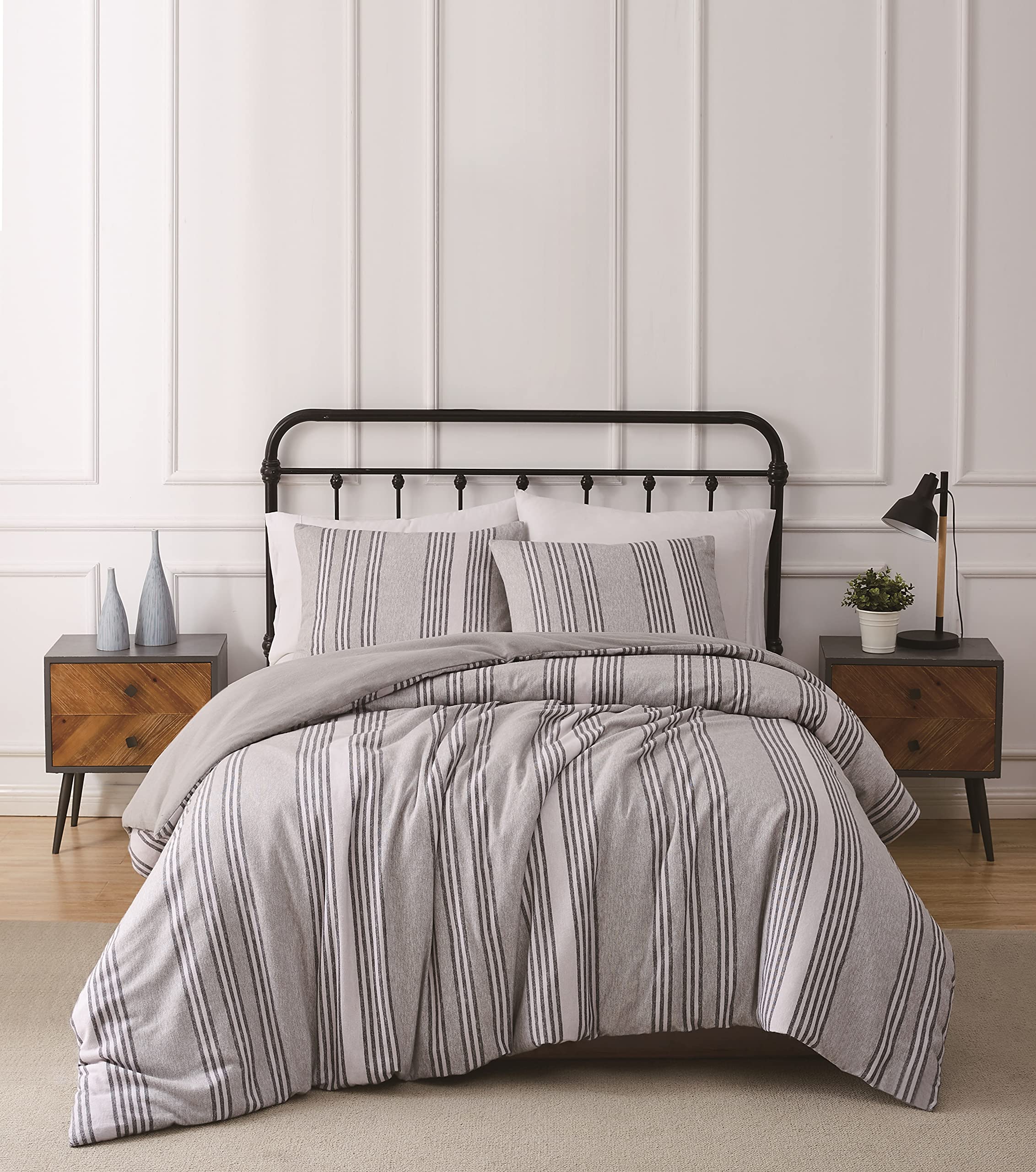 Truly Soft Everyday - King 3 Piece Duvet + Sham Set - Keil Stripe Flannel Collection - Grey