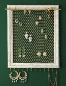 heesch hanging earring organizer frame wall mounted jewelry holder vintage rustic stud earring display with removable rod and 12 hooks for necklaces, bracelets and rings (distressed white)