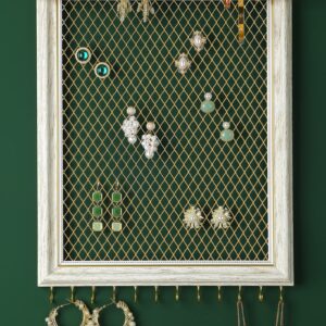 Heesch Hanging Earring Organizer Frame Wall Mounted Jewelry Holder Vintage Rustic Stud Earring Display with Removable Rod and 12 Hooks for Necklaces, Bracelets and Rings (Distressed White)