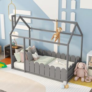 Harper & Bright Designs House Bed for Kids, Full Size Bed with Roof and Fence, Wood Bed Frame for Kids, Teens, Girls & Boys, Easy Assembly (Gray)