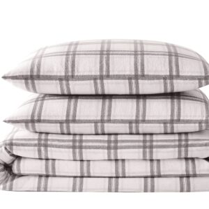 LONDON FOG - Twin XL 2 Piece Duvet + Sham Set - Plaid Flannel Collection - Grey