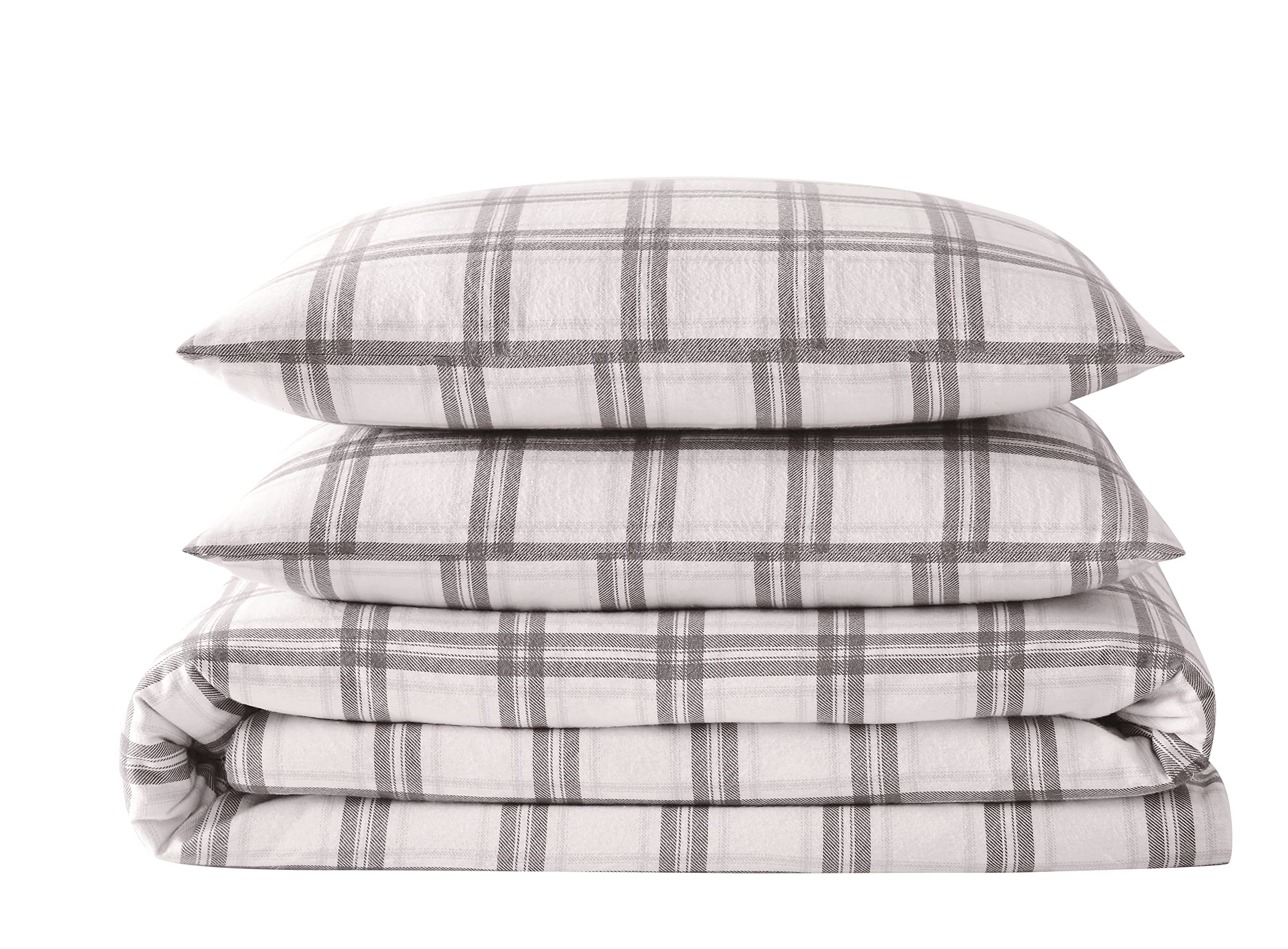 LONDON FOG - Twin XL 2 Piece Duvet + Sham Set - Plaid Flannel Collection - Grey