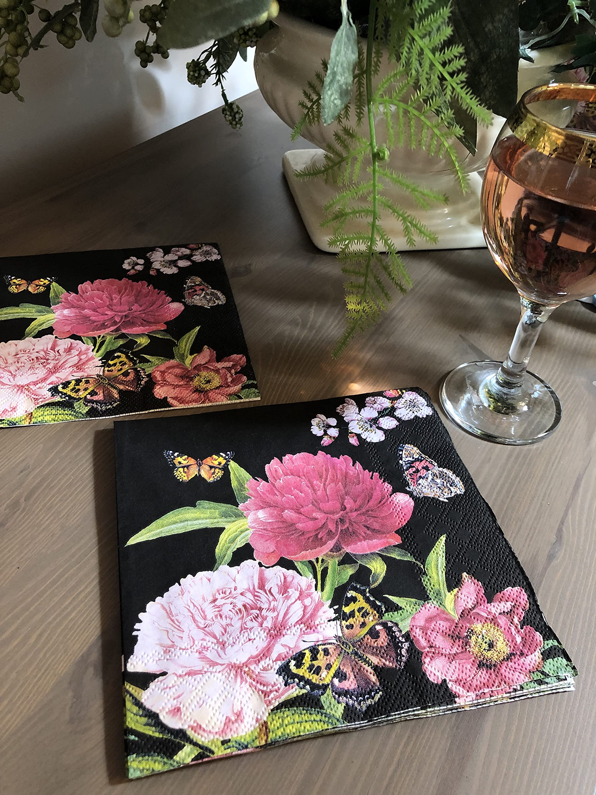 20-ct 13x13 Peony Black Floral Napkins for Decoupage Decorative Napkins for Decoupage Pretty Flower Napkins for Mother's Day Father's Day Beautiful Wedding Cocktail Tea Dinner Lunch Beverage Napkins