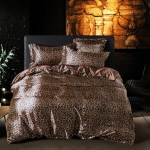 erzhuizi luxury satin silky duvet cover set with fitted sheet 4pcs silk bedding set with 2 pillowcases leopard print comforter cover,leopardprint-queen