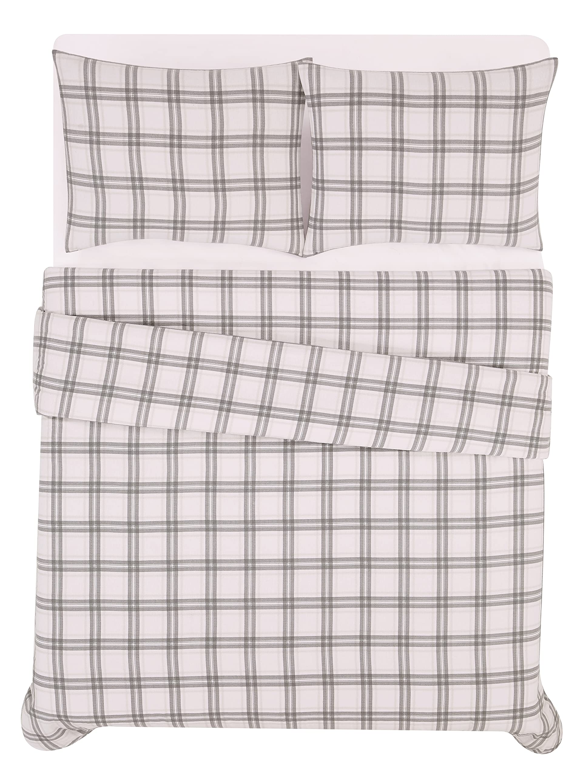 LONDON FOG - Twin XL 2 Piece Duvet + Sham Set - Plaid Flannel Collection - Grey