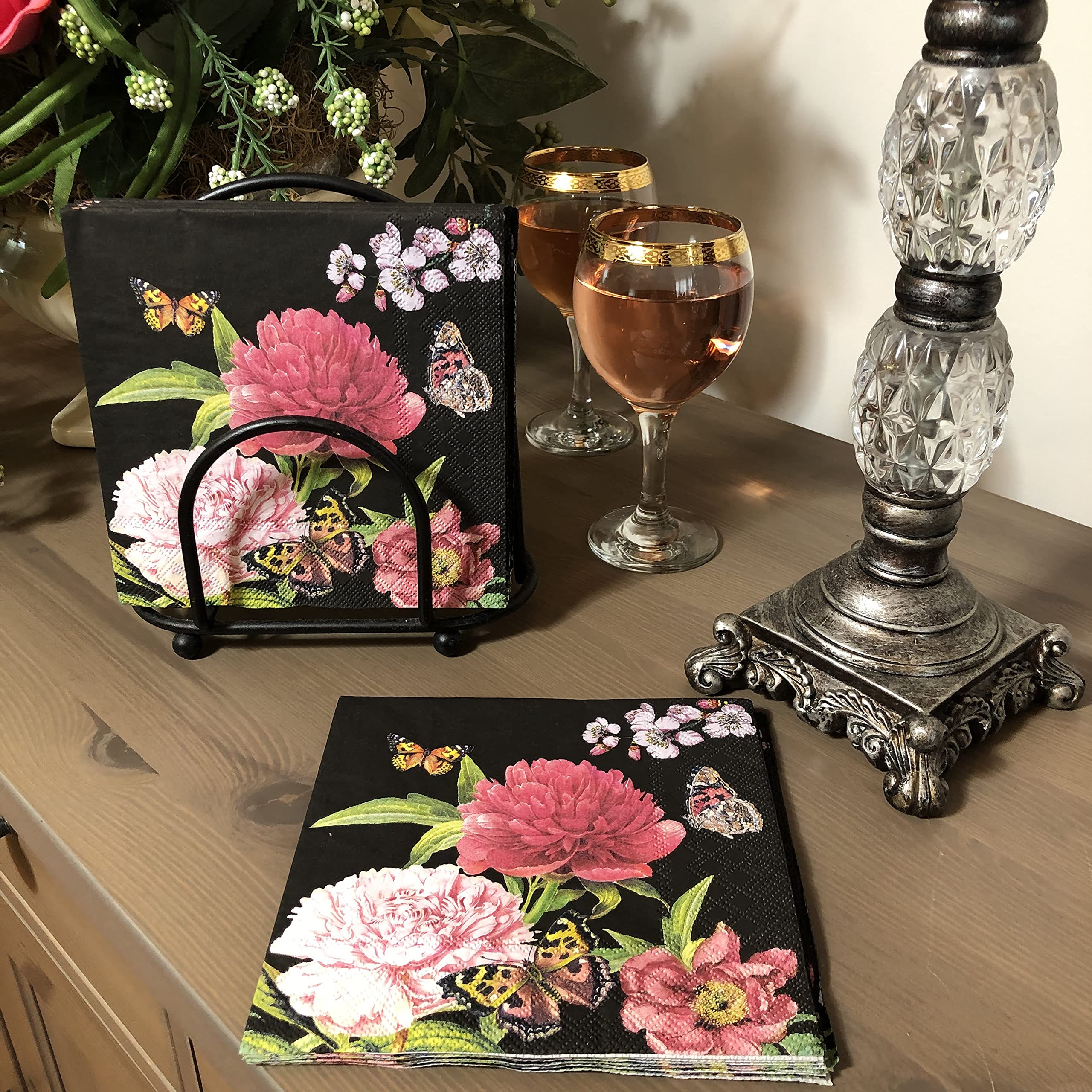 20-ct 13x13 Peony Black Floral Napkins for Decoupage Decorative Napkins for Decoupage Pretty Flower Napkins for Mother's Day Father's Day Beautiful Wedding Cocktail Tea Dinner Lunch Beverage Napkins