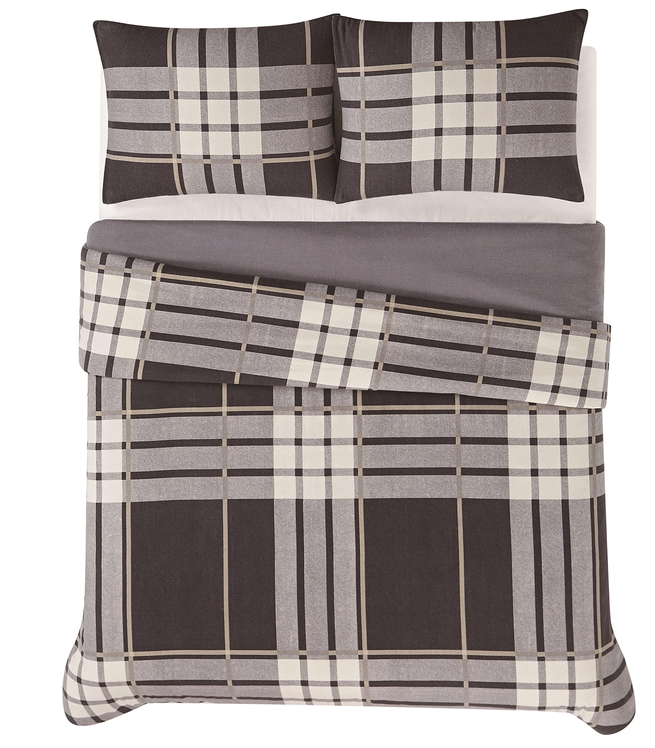 Truly Soft Everyday - King 3 Piece Duvet + Sham Set - Milo Plaid Flannel Collection - Grey