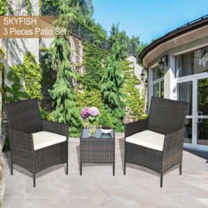 Skyfish 3-Piece Outdoor Patio Furniture Rattan Conversation Set with Wicker Chairs and Coffee Table for Patio Garden Lawn Backyard Pool (Brown)