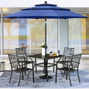 mfstudio patio dining set for 4, patio furniture set with umbrella(navy blue), 4 stackable chairs, 1 metal square table and 1 10ft umbrella(base not included)