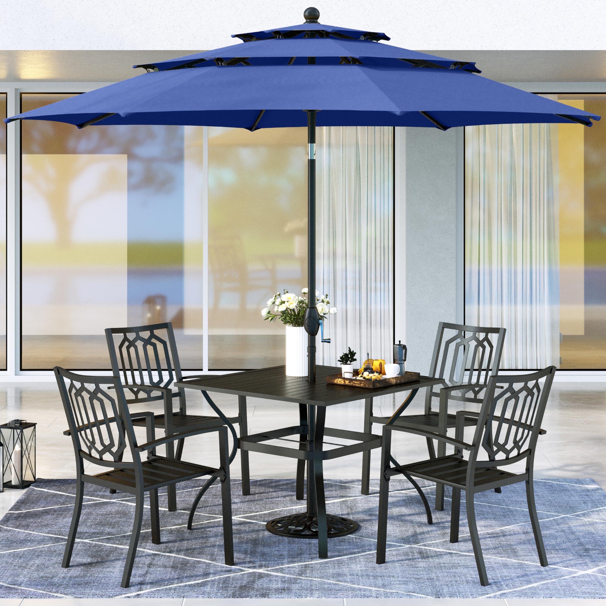 MFSTUDIO Patio Dining Set for 4, Patio Furniture Set with Umbrella(Navy Blue), 4 Stackable Chairs, 1 Metal Square Table and 1 10ft Umbrella(Base Not Included)