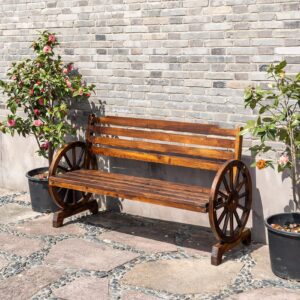 vagowin wagon wheel bench, outdoor bench, rustic wooden 2-person seat patio bench with backrest for garden, porch, yard, brown, 22 inches d x 56 inches w x 30.5 inches h