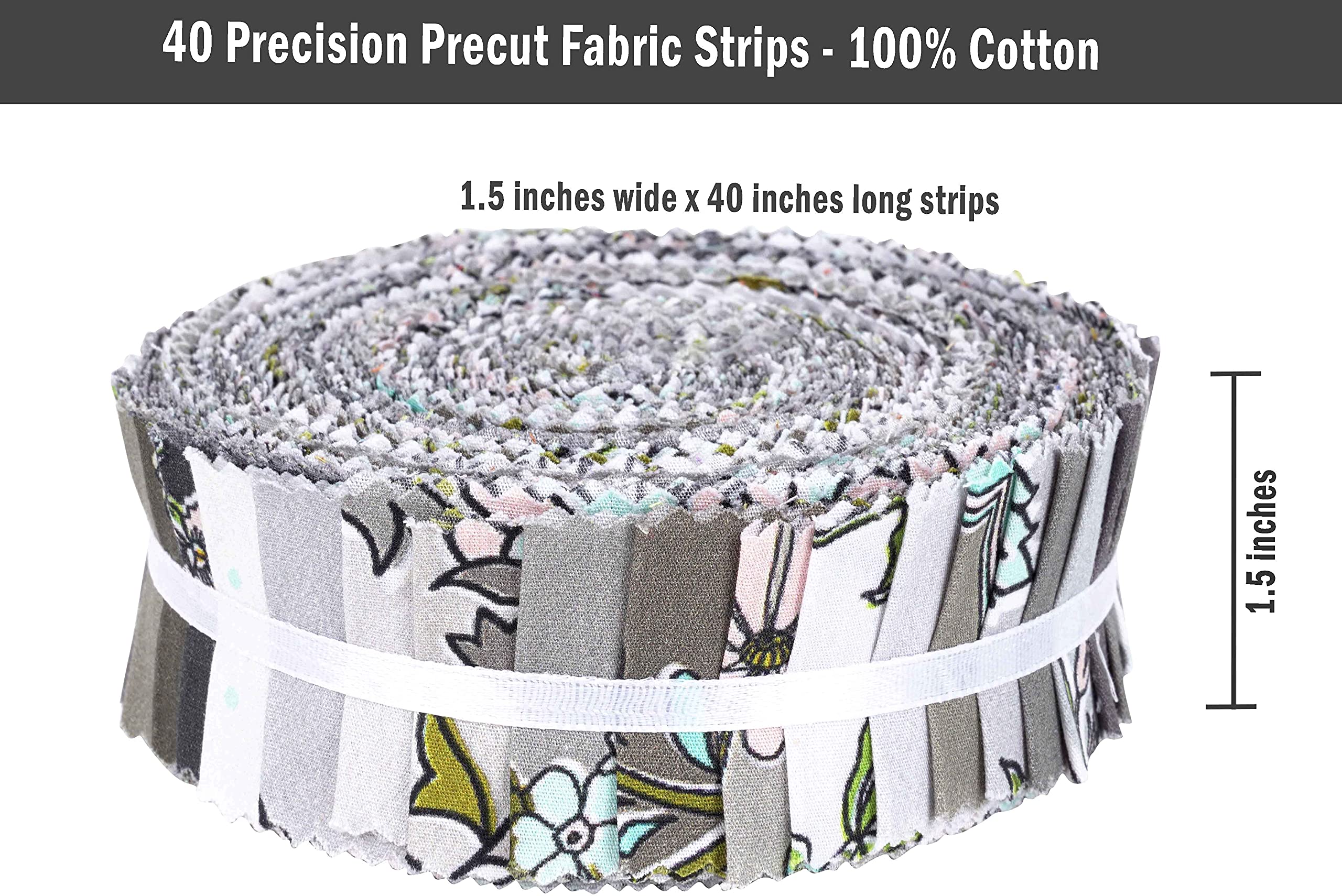 Soimoi 40Pcs Block Print Precut Fabrics Strips Roll Up 1.5x42inches Cotton Jelly Rolls for Quilting - Black