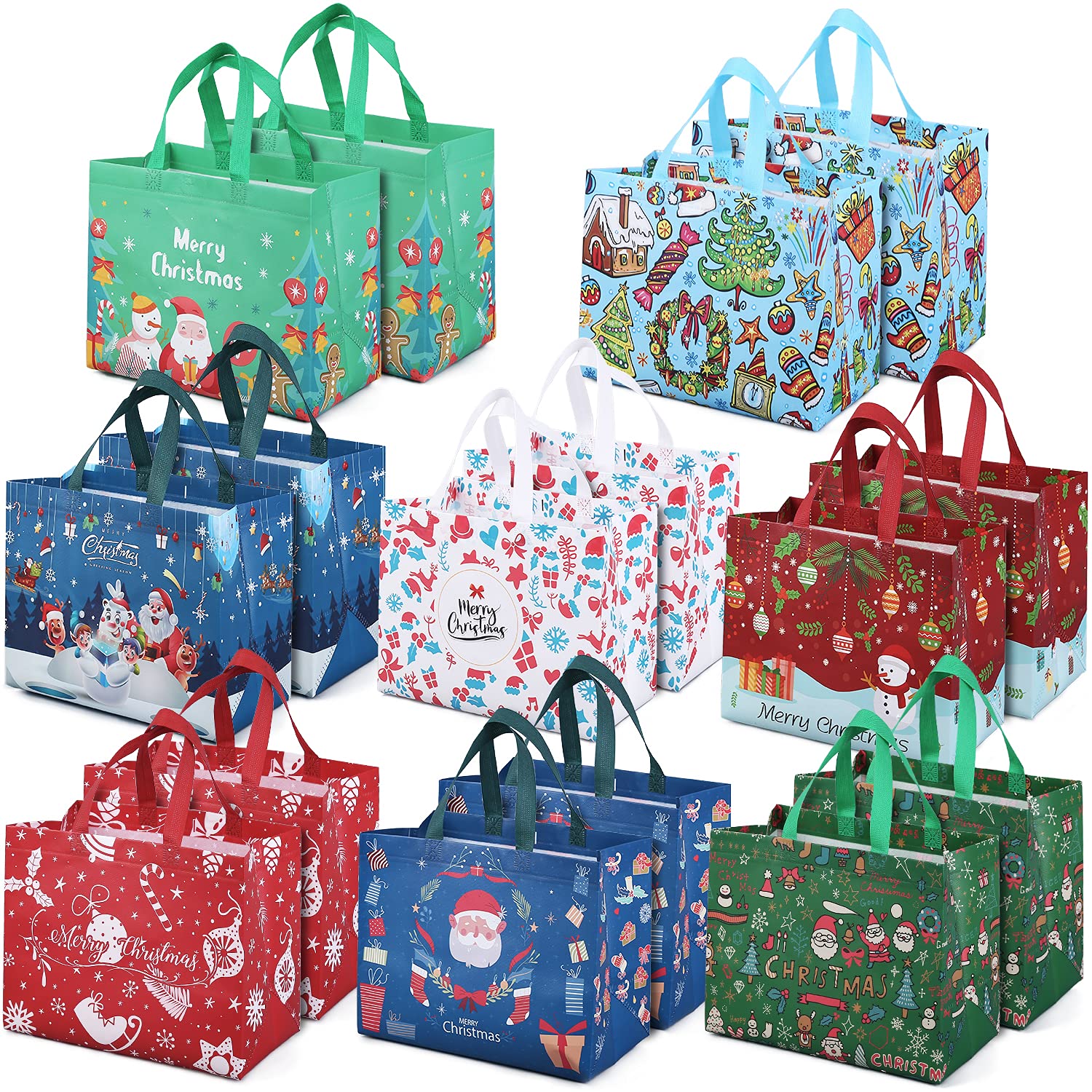 PARSUP 16PCS Christmas Gift Bags, Tote Bags with Handles, Treat Bags, Multifunctional Non-Woven Bags for Gifts Wrapping Shopping, Xmas Party Supplies, 12.8"×9.8"×6.7"