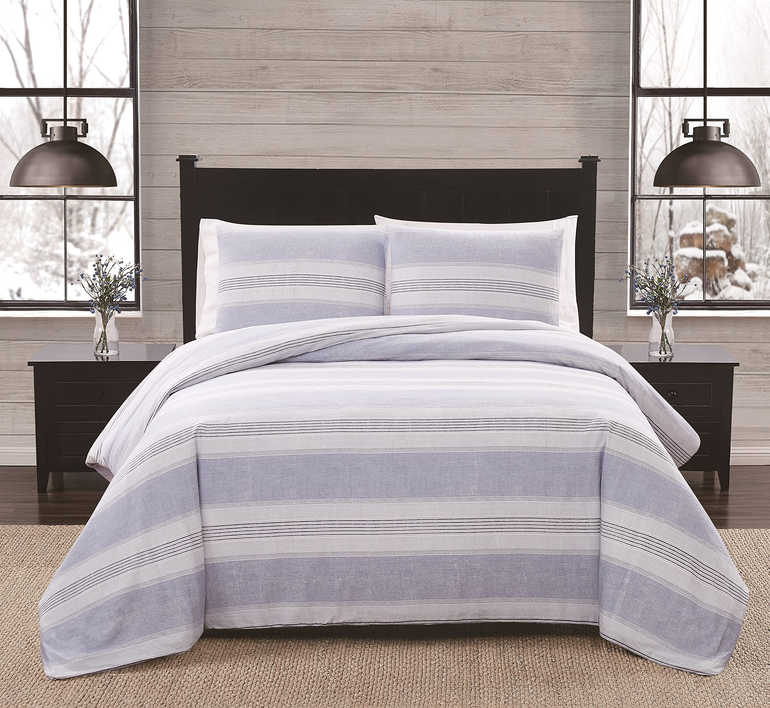 LONDON FOG - King 3 Piece Duvet + Sham Set - Plaid Flannel Collection - Blue Stripe