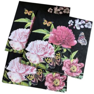 20-ct 13x13 Peony Black Floral Napkins for Decoupage Decorative Napkins for Decoupage Pretty Flower Napkins for Mother's Day Father's Day Beautiful Wedding Cocktail Tea Dinner Lunch Beverage Napkins