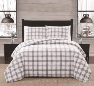 london fog - twin xl 2 piece duvet + sham set - plaid flannel collection - grey