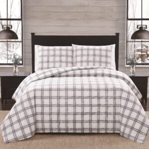 LONDON FOG - Twin XL 2 Piece Duvet + Sham Set - Plaid Flannel Collection - Grey