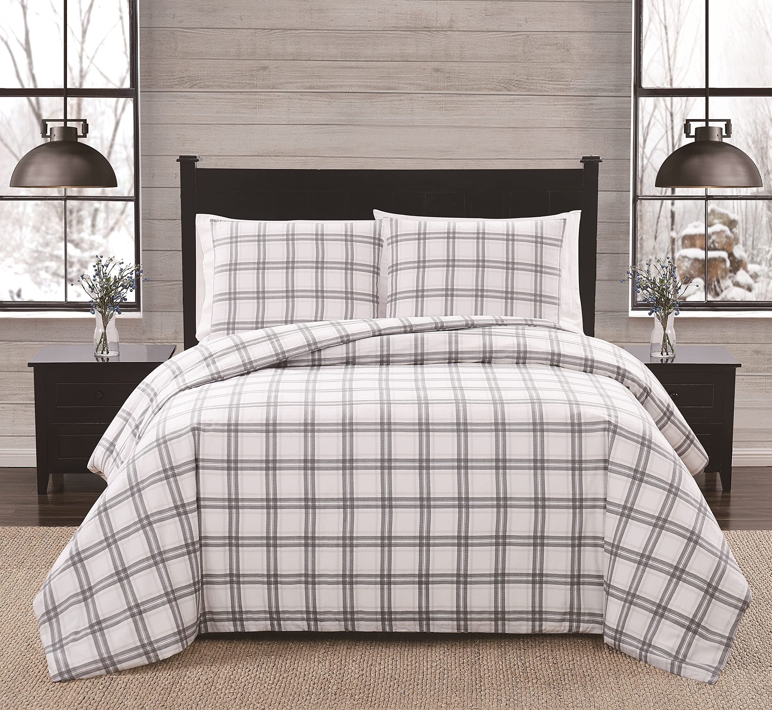 LONDON FOG - Twin XL 2 Piece Duvet + Sham Set - Plaid Flannel Collection - Grey