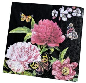 20-ct 13x13 peony black floral napkins for decoupage decorative napkins for decoupage pretty flower napkins for mother's day father's day beautiful wedding cocktail tea dinner lunch beverage napkins