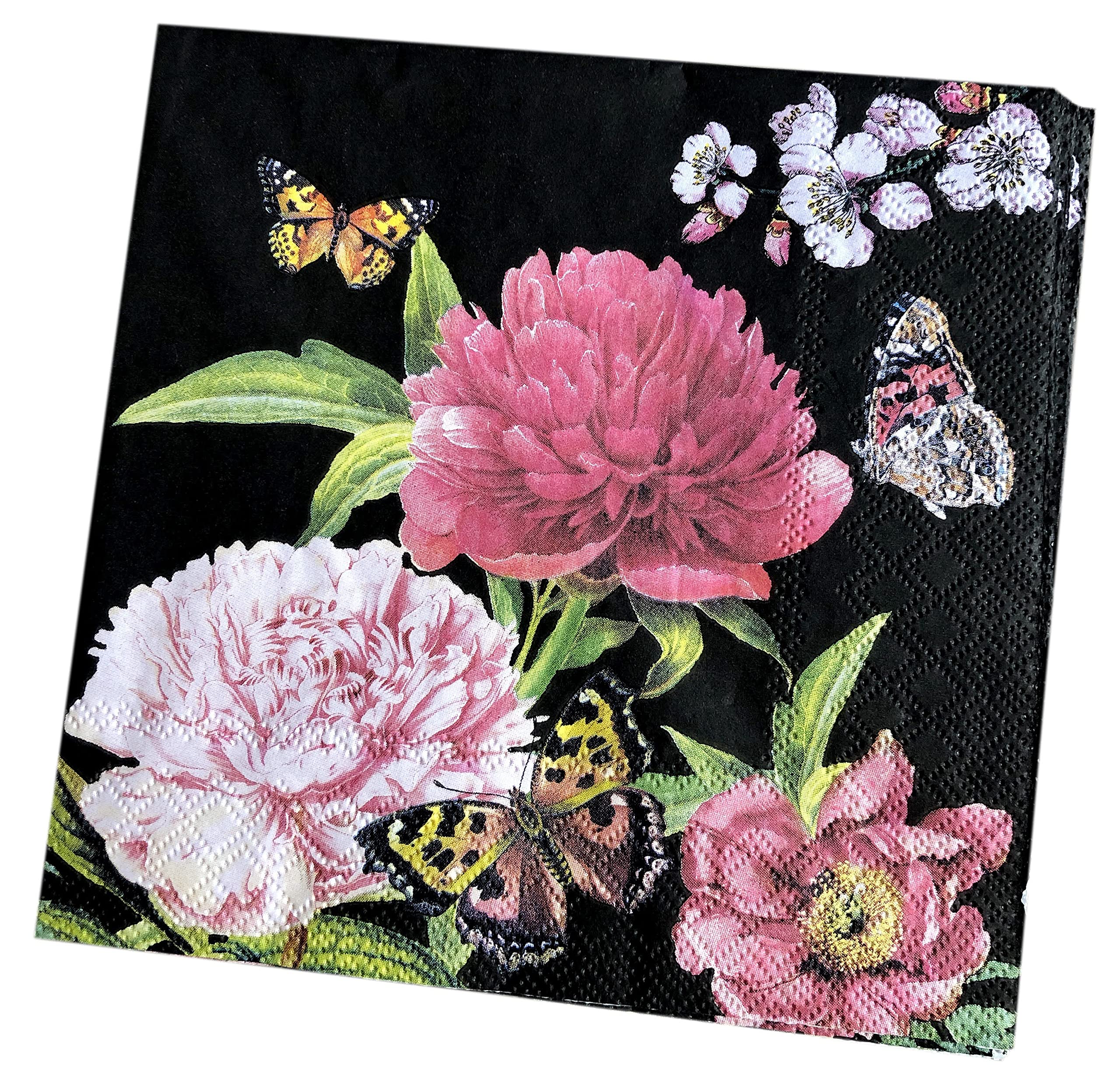 20-ct 13x13 Peony Black Floral Napkins for Decoupage Decorative Napkins for Decoupage Pretty Flower Napkins for Mother's Day Father's Day Beautiful Wedding Cocktail Tea Dinner Lunch Beverage Napkins