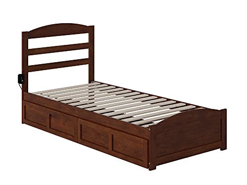 AFI Warren Twin XL Size Platform Bed with Footboard, Storage, & Charging Station in Walnut