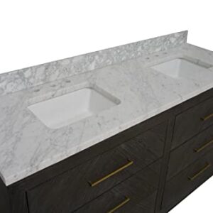 Kitchen Bath Collection Avery 72-inch Double Bathroom Vanity (Carrara/Dark Oak): Includes Dark Oak Cabinet with Stunning Carrara Marble Countertop and White Ceramic Sinks