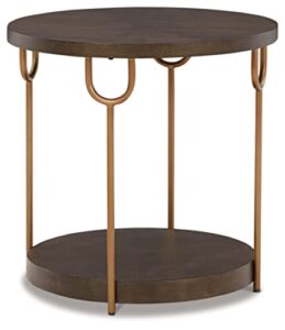 signature design by ashley brazburn industrail round end table with shelf, dark brown & metallic