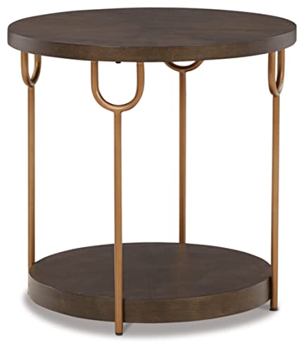 Signature Design by Ashley Brazburn Industrail Round End Table with Shelf, Dark Brown & Metallic