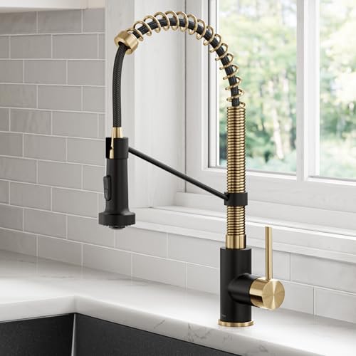 KRAUS Bolden Commercial Style 2-Function Single Handle Pull Down Kitchen Faucet in Brushed Brass/Matte Black, KPF-1610BBMB