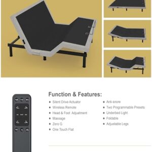 Irvine Home Collection California King Adjustable Bed Base - Dual Massage - USB Ports - Zero Gravity - Underbed Light - Wireless Remote - Adjustable Legs - Zero Gravity - Anti Snore - Memory Position