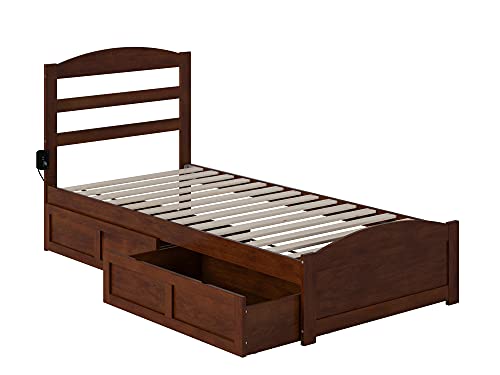 AFI Warren Twin XL Size Platform Bed with Footboard, Storage, & Charging Station in Walnut