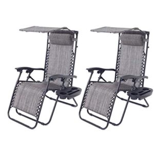 btexpert adjustable steel mesh zero gravity lounge chairs case outdoor patio recliner beach yard garden with pillows sunshade utility tray cup holder gray two case pack (set of 2 pcs)