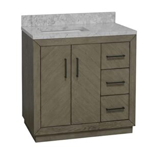 peyton 36-inch bathroom vanity (carrara/gray oak): includes gray oak cabinet with stunning carrara marble countertop and white ceramic sink