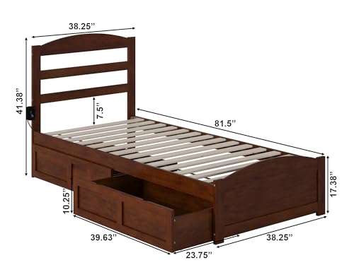 AFI Warren Twin XL Size Platform Bed with Footboard, Storage, & Charging Station in Walnut