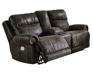 signature design by ashley grearview power reclining loveseat with console & adjustable headrest, dark gray