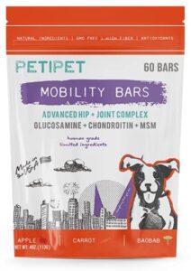 petipet hip & joint health bars | dog joint supplement support for dogs with glucosamine, chondroitin, msm | glucosamine for dogs soft chews | advanced pet joint support and mobility - (60 ct)