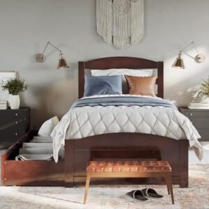 AFI Warren Twin XL Size Platform Bed with Footboard, Storage, & Charging Station in Walnut